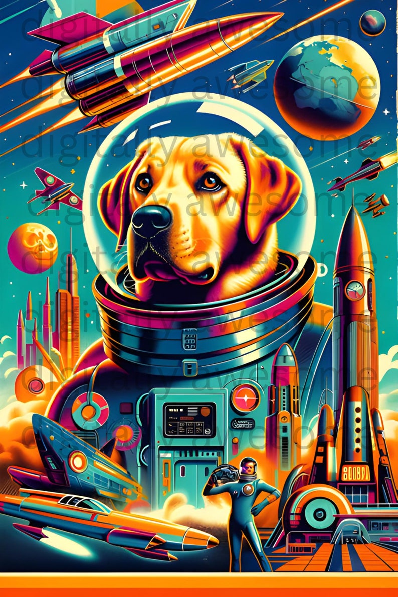 4 Retro Futuristic Labrador Dog in Space Poster, Digital Print ...