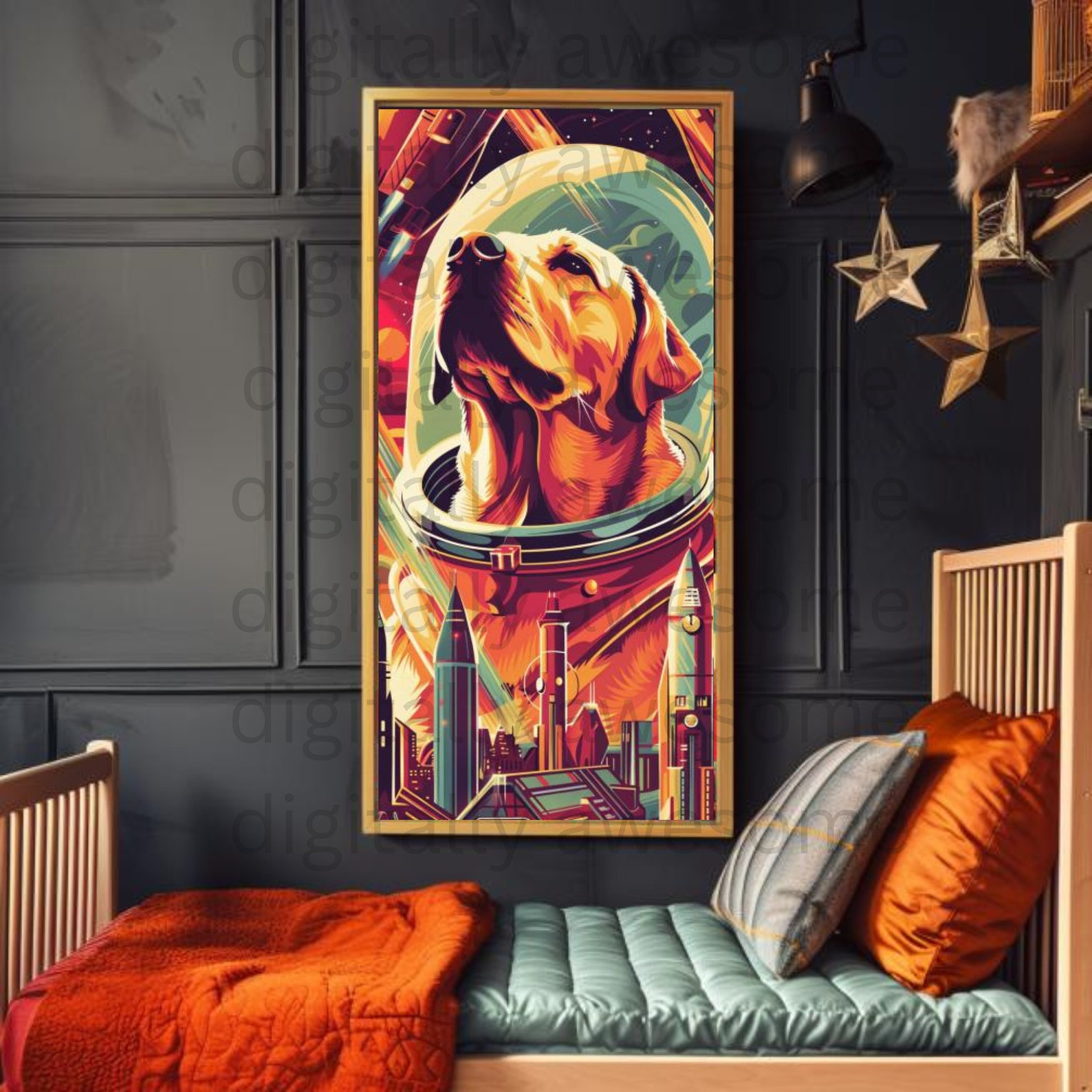 4 Retro Futuristic Labrador Dog in Space Poster, Digital Print ...