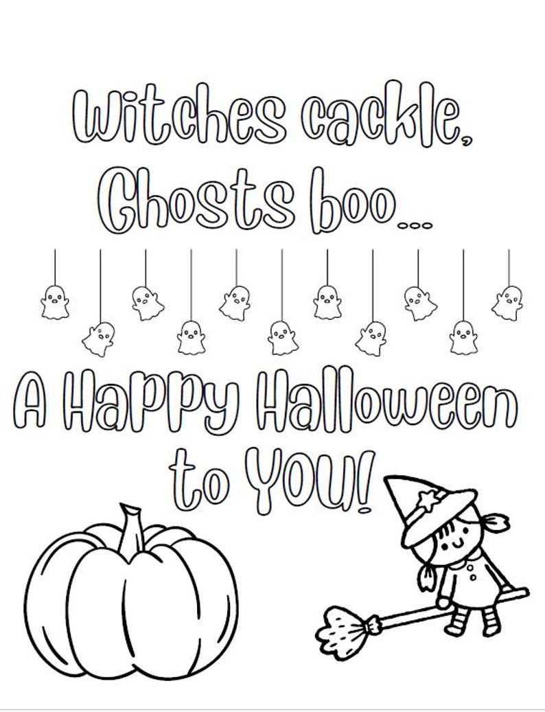Kids Fun Coloring Page - Halloween Greetings - Witches Cackle, Ghosts ...
