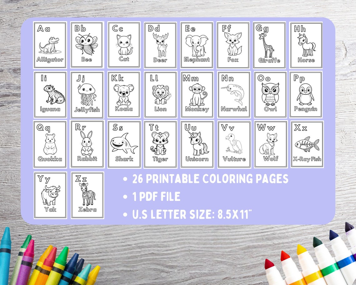 Printable Animal Alphabet Coloring Pages, Educational Activity for Kids ...