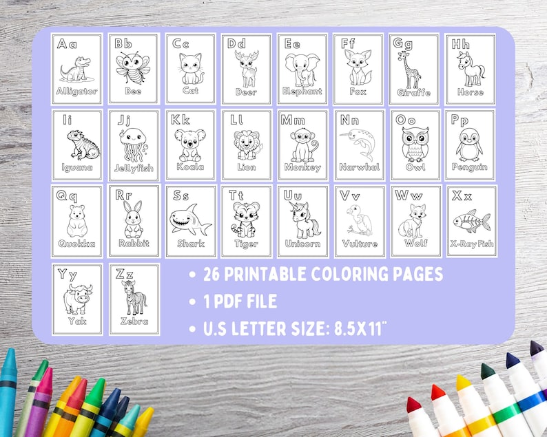 Printable Animal Alphabet Coloring Pages, Educational Activity for Kids ...