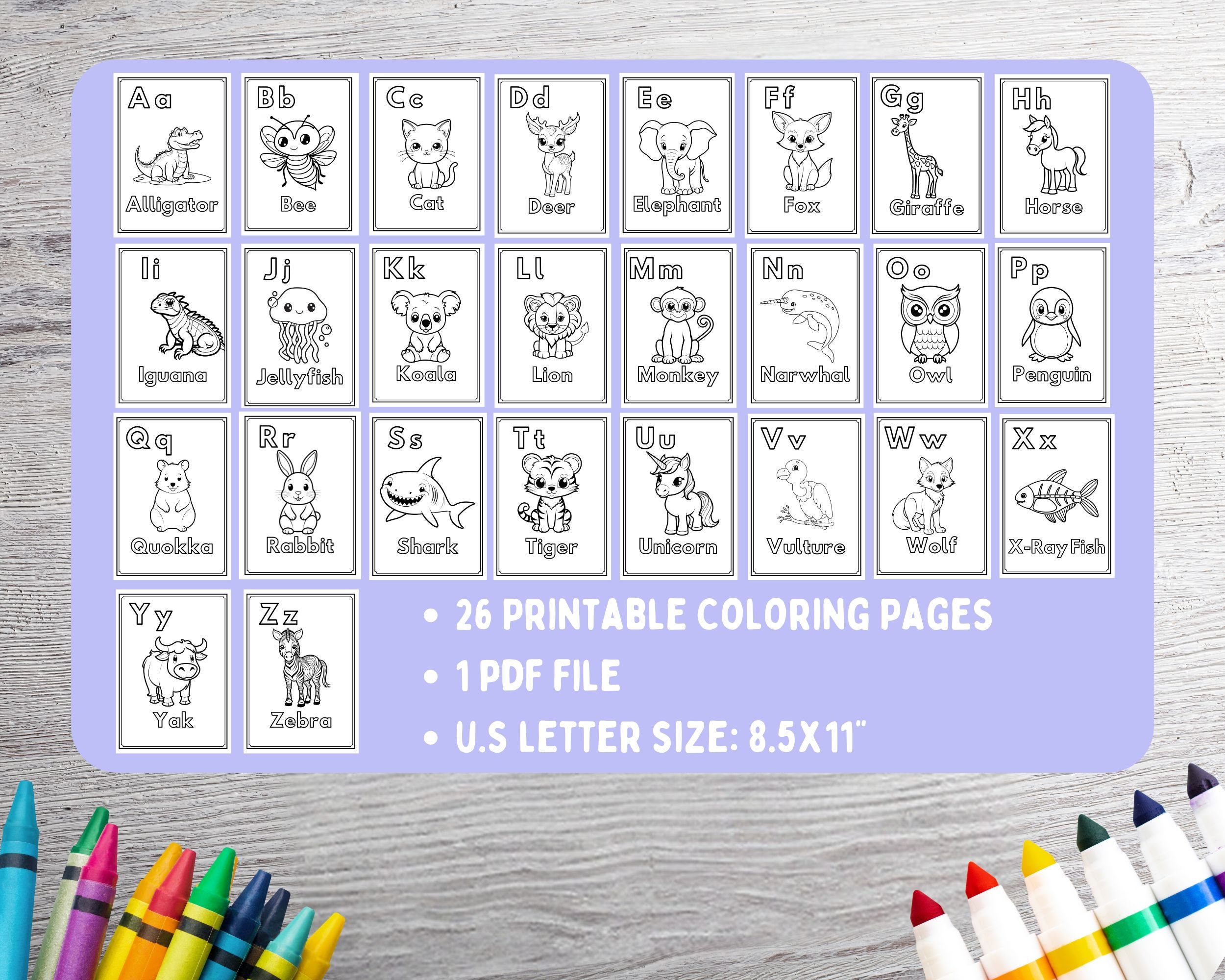 Printable Animal Alphabet Coloring Pages, Educational Activity for Kids ...