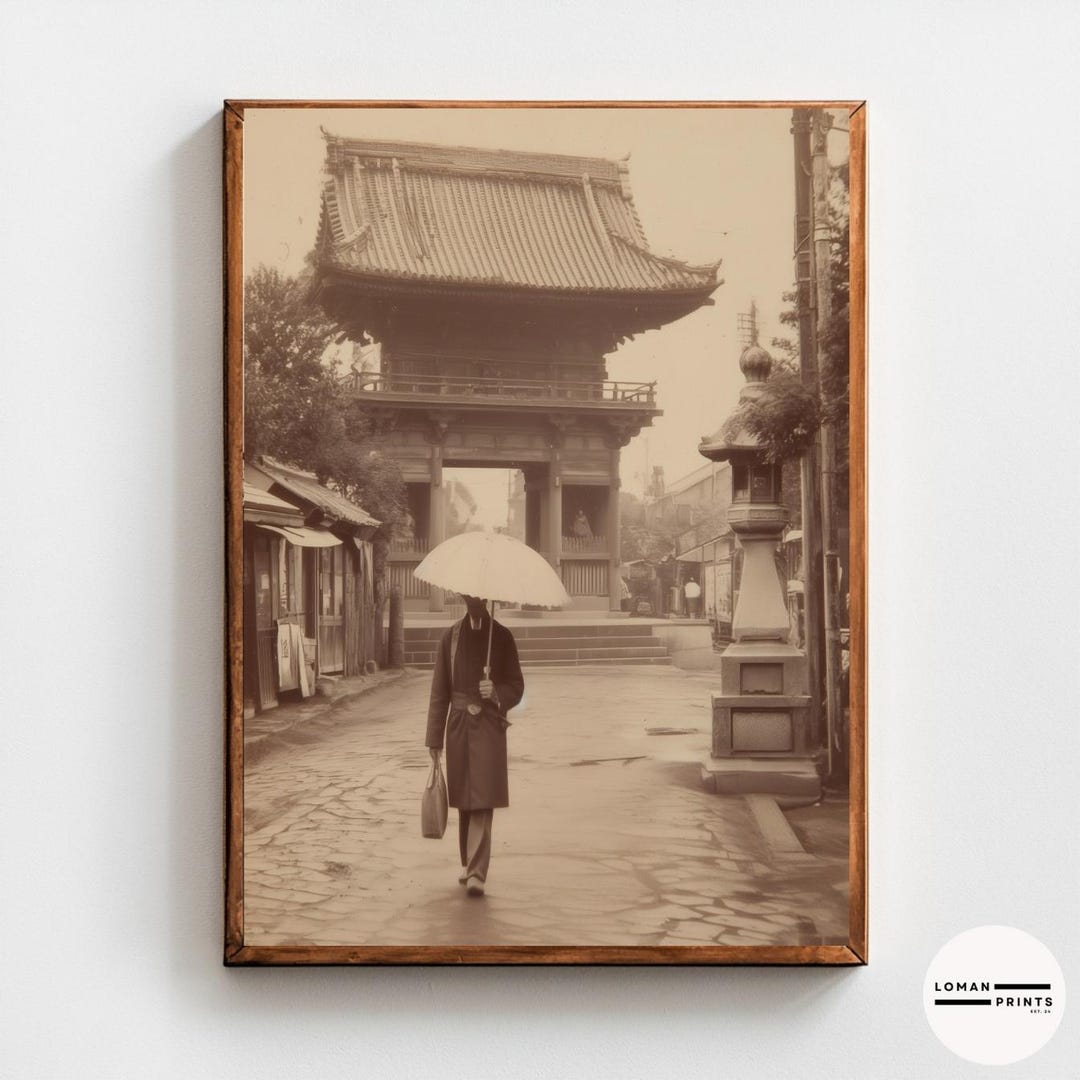 Vintage Japanese Street Wall Art, Sepia Photograph of Man With Umbrella ...