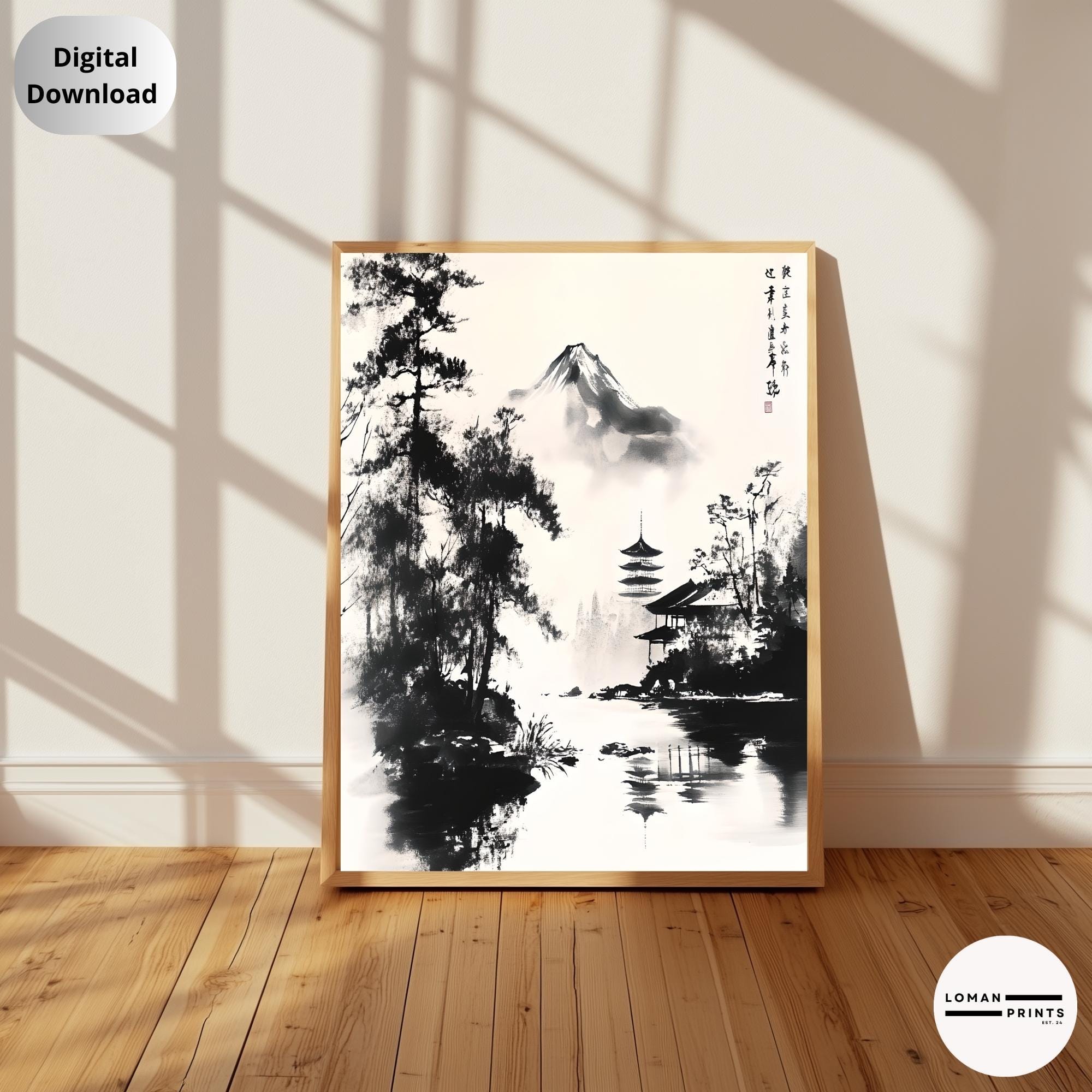 Sumi-e Mount Fuji Pagoda Print | Japanese Ink Landscape Art | Tranquil ...