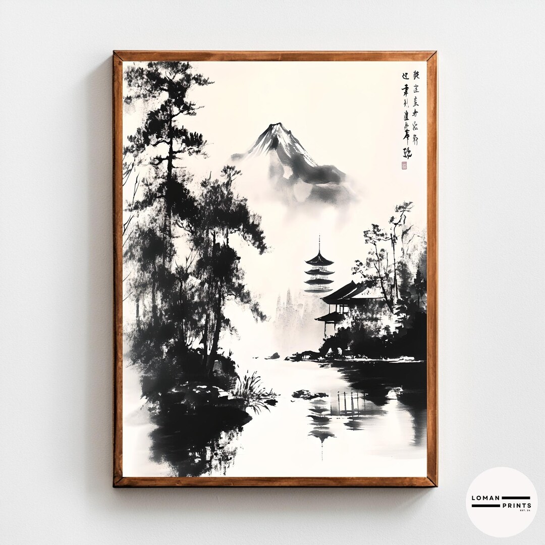 Sumi-e Mount Fuji Pagoda Print | Japanese Ink Landscape Art | Tranquil ...