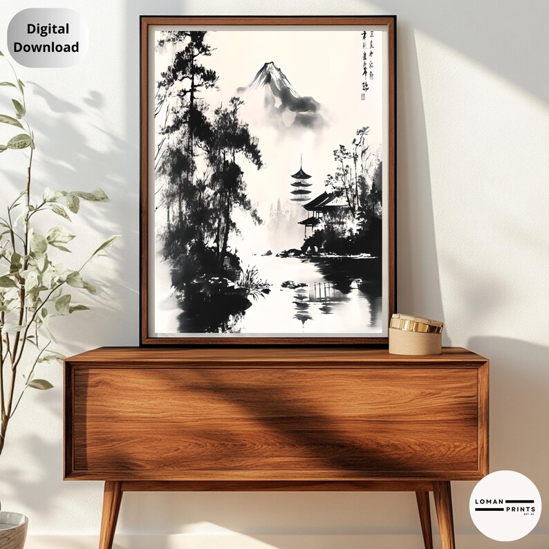 Sumi-e Mount Fuji Pagoda Print | Japanese Ink Landscape Art | Tranquil ...