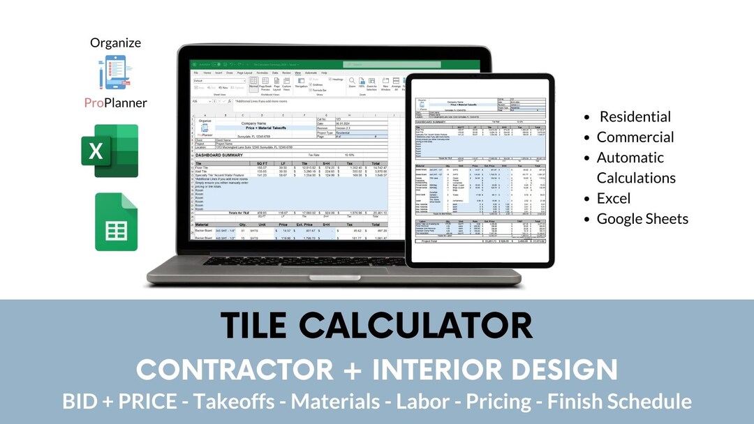 Tile Takeoff Calculator + Bid Sheet - Finish + Specification Schedule ...
