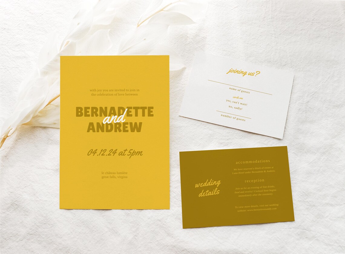 Editable Yellow White Gold Wedding Invitation | Mid Century Wedding ...