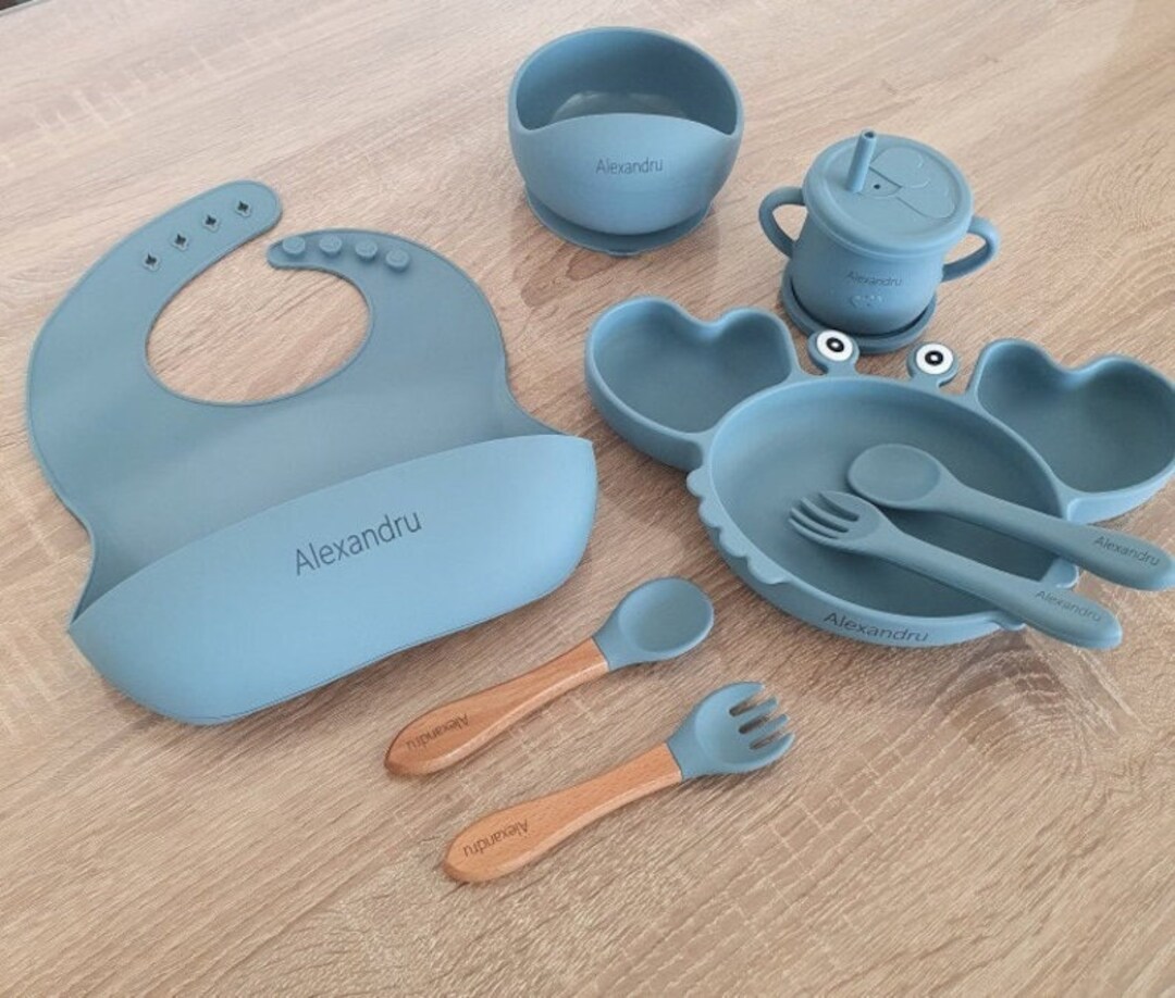 Personalized Crab Silicone Baby Weaning Set, Engraved Silicone Bib ...