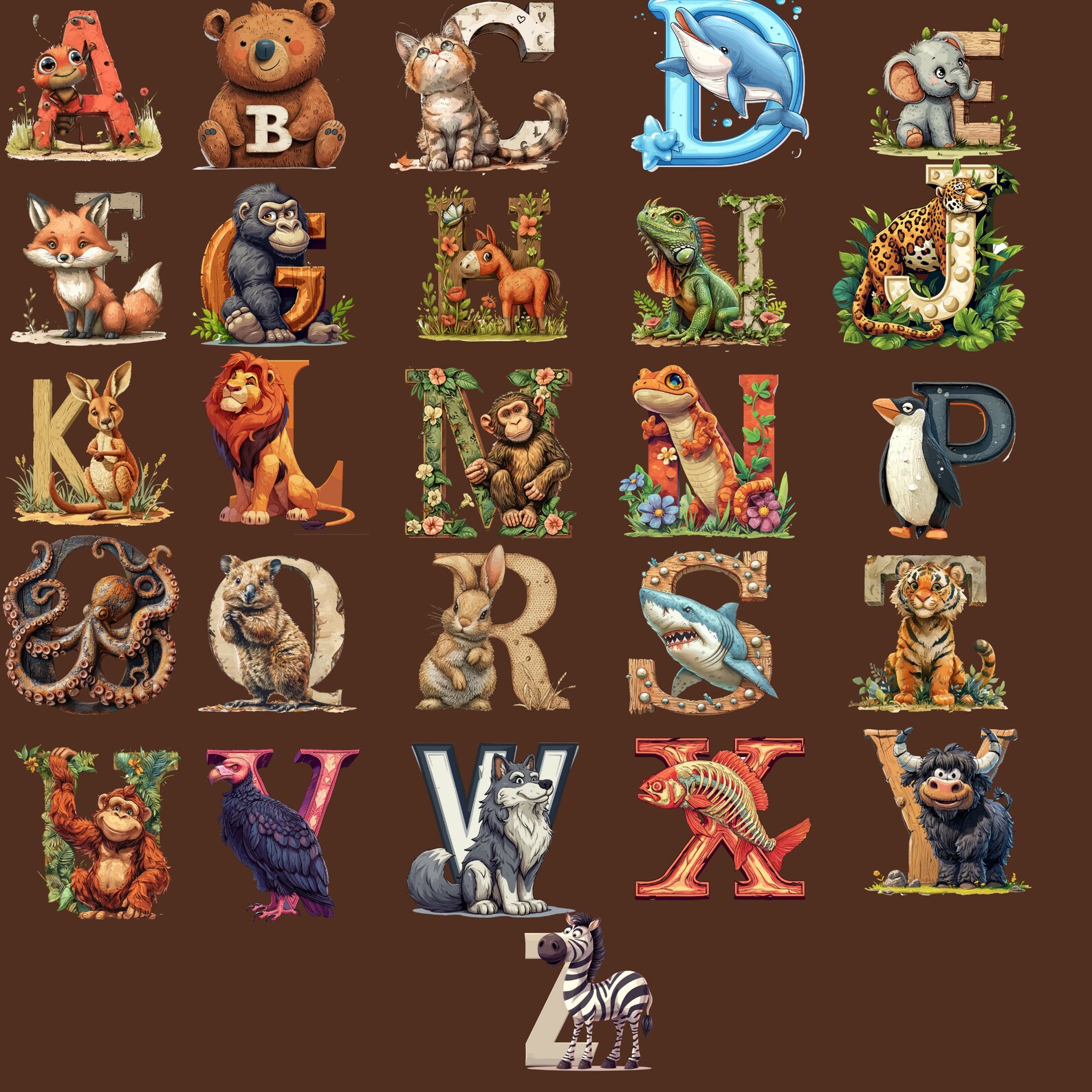 Cute Animal Alphabet Clipart Bundle Transparent PNG, Bundle Clipart ...