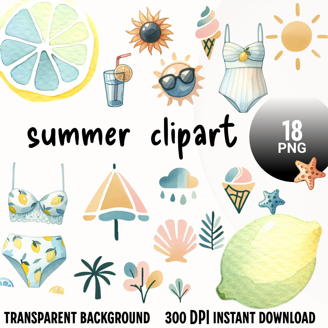 Summer Watercolor Clipart, Set 18, Summer Png, Bikinis, Lemons, Sun ...