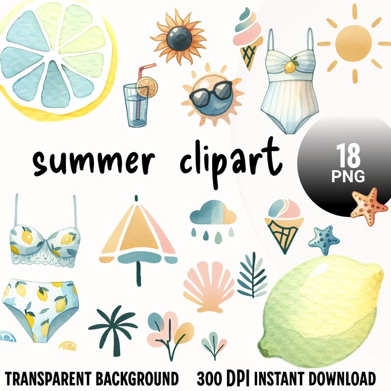 Summer Watercolor Clipart, Set 18, Summer Png, Bikinis, Lemons, Sun ...