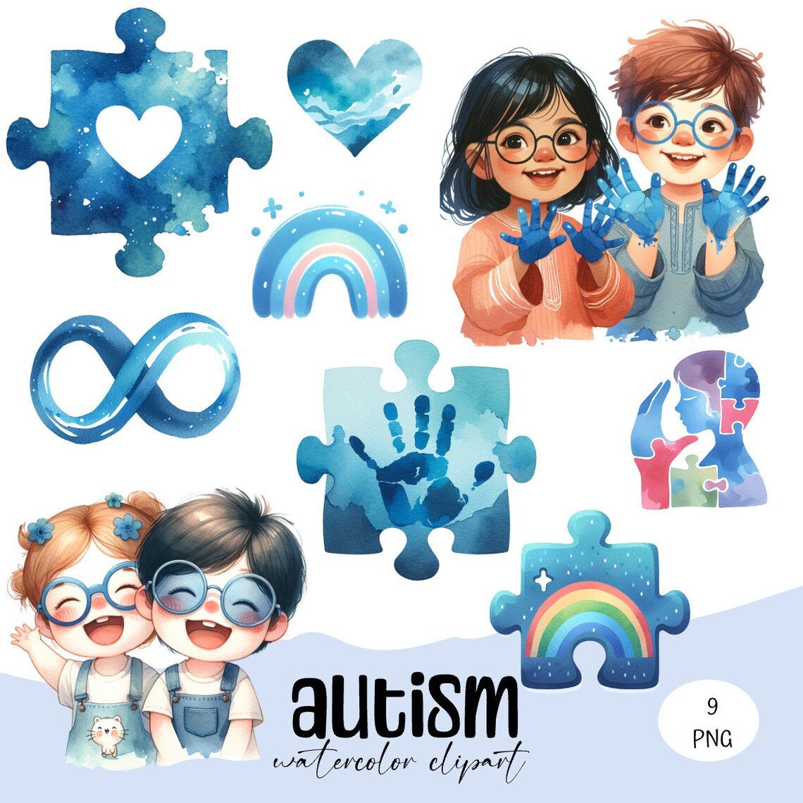 Autism Awareness Watercolor Clipart, Puzzle Pieces, Rainbow (PNG) - Etsy