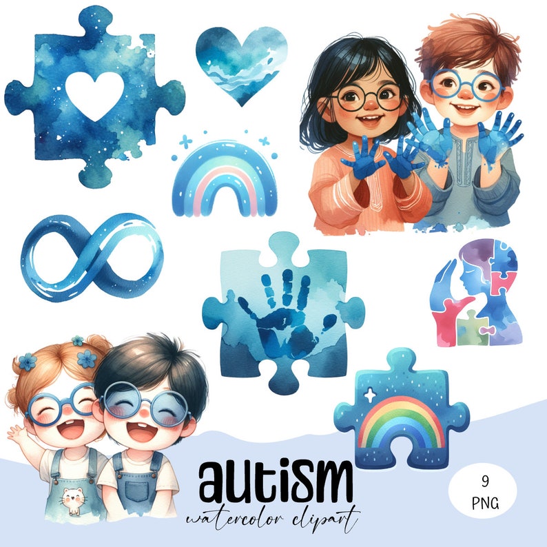 Autism Awareness Watercolor Clipart, Puzzle Pieces, Rainbow (PNG) - Etsy