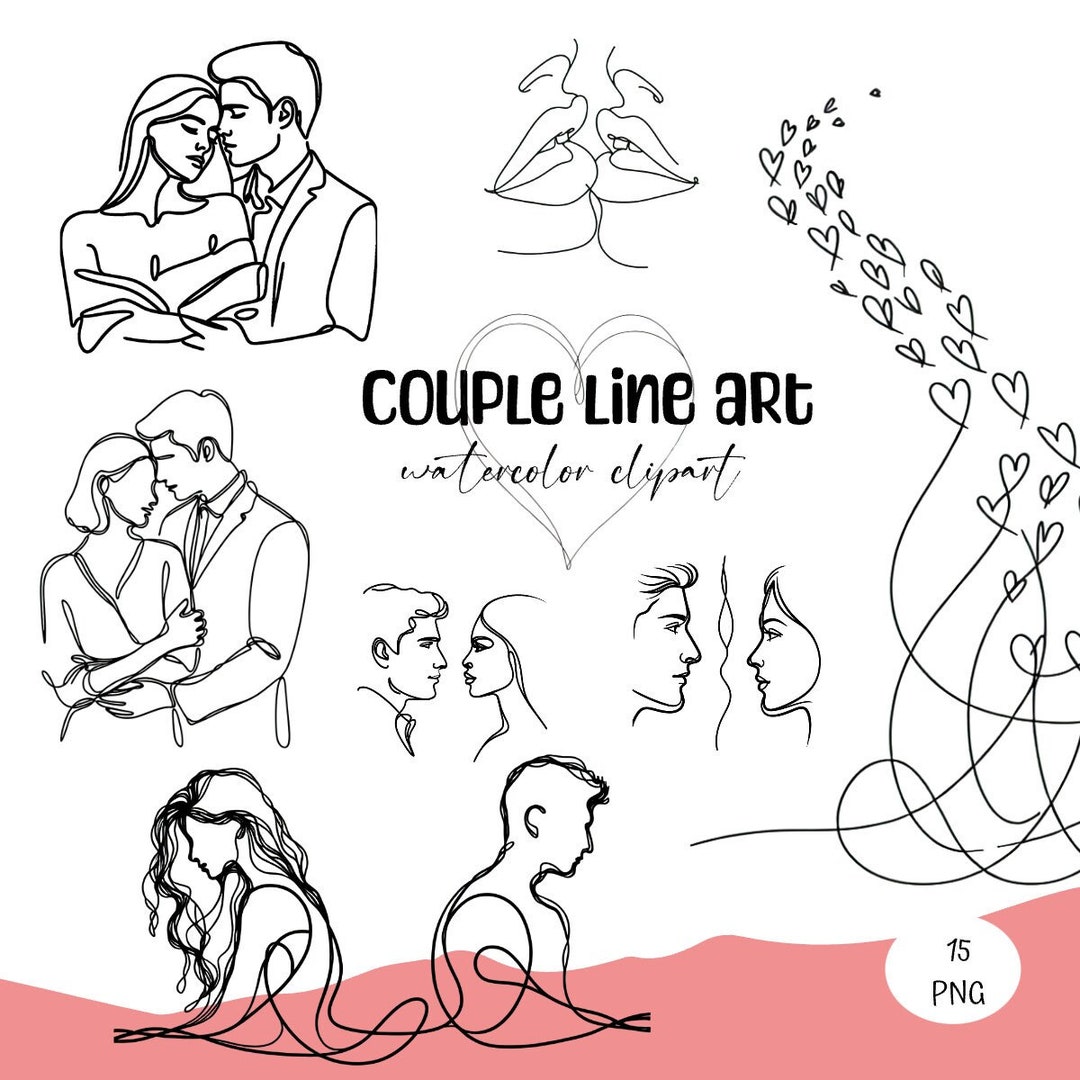 15 Romantic Line Art Clipart, Couples Clipart, Heart PNG, Kisses ...