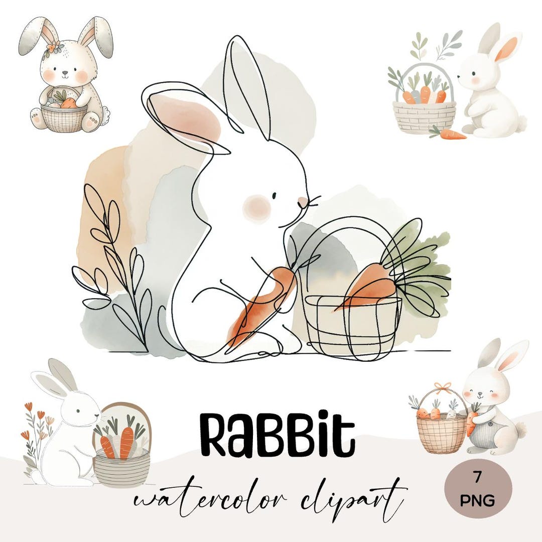 Rabbit Watercolor Clipart | 7 PNG Bunny With Carrots | Easter Woodland ...