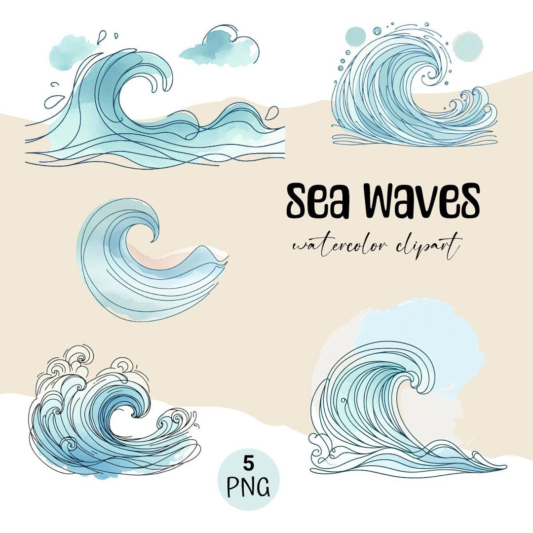 Watercolor Ocean Wave Clipart, Hand-drawn Line Art (PNG) - Etsy