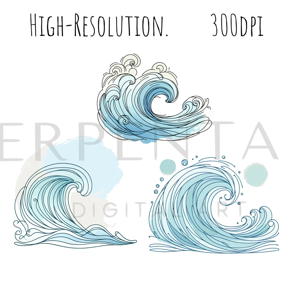 Set of 5 Watercolor Ocean Wave Line Art Clipart,sea Wave Png,hand-drawn ...