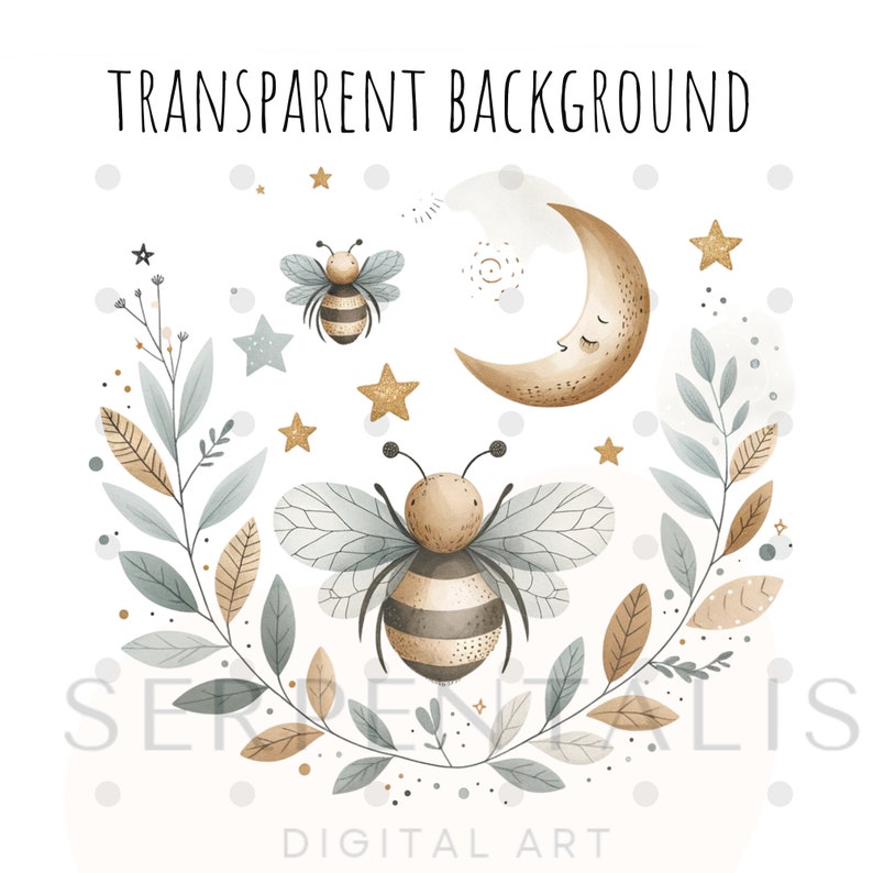 Watercolor Bee Floral Clipart PNG, 4 Bee Flowers Watercolor PNG, Moon ...