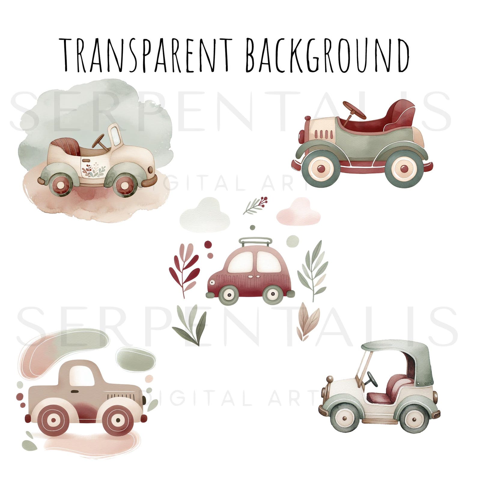 Vintage Car Watercolor Clipart Set 10 PNG Files, Watercolor Car Clipart ...