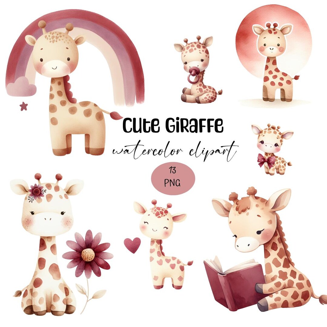 Cute Giraffe Watercolor Clipart,13 Png,adorable Giraffe Clip Art ...