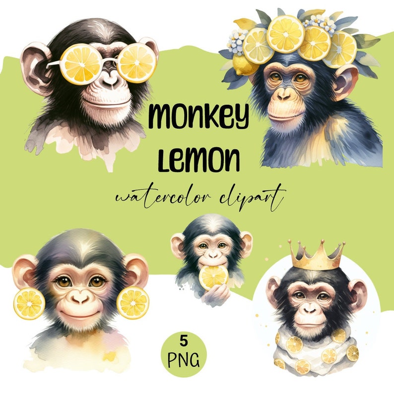 Watercolor Chimpanzee Lemon Clipart, Monkey PNG Set (digital Download ...