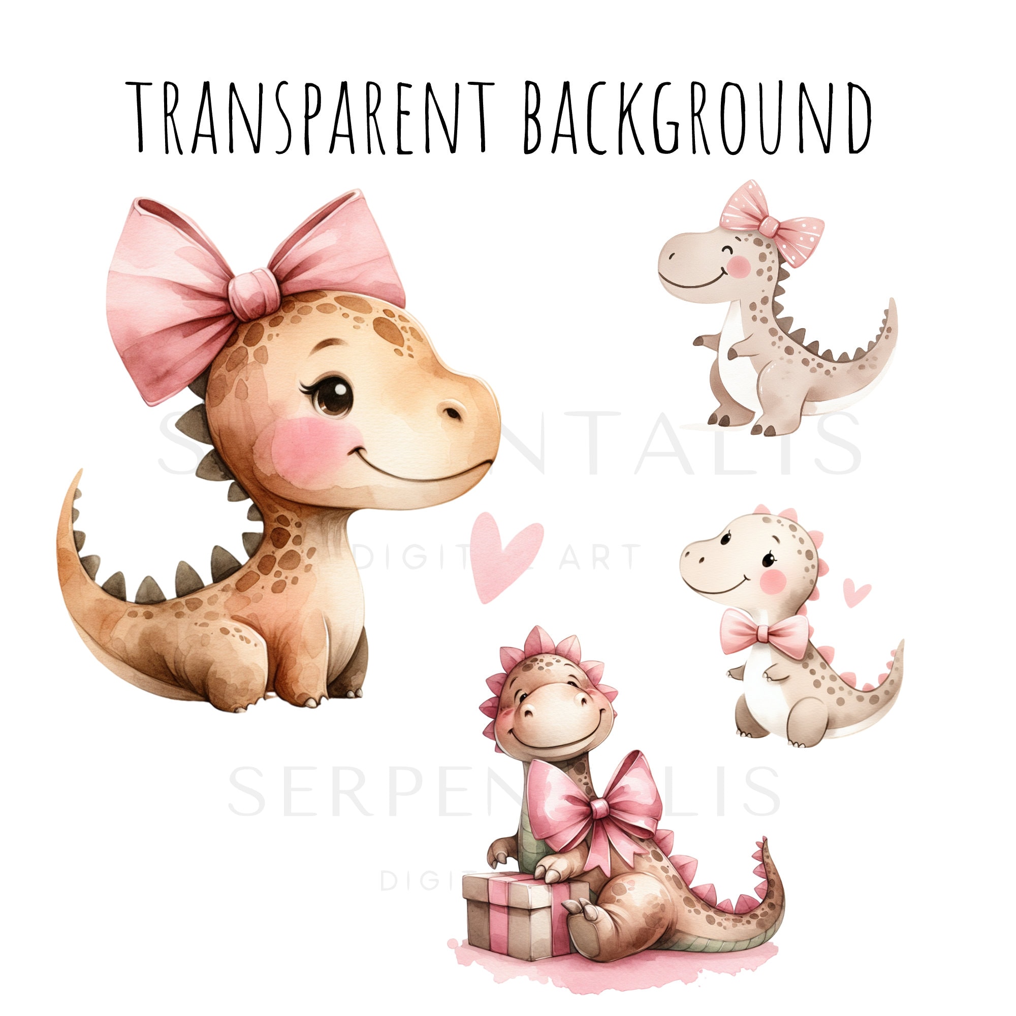 8 Watercolor Baby Dinosaur Clipart With Bow,baby Dinosaur PNG, Coquette ...