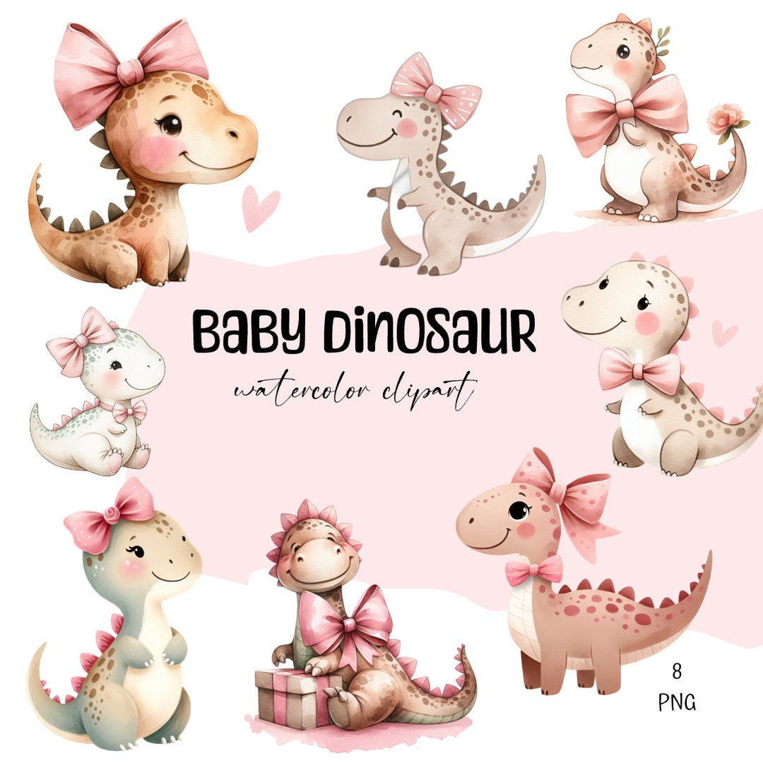 8 Watercolor Baby Dinosaur Clipart With Bow,baby Dinosaur PNG, Coquette ...