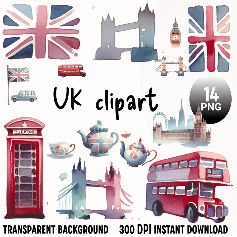 UK Watercolor Clipart, British Icons, London Clip Art (PNG) - Etsy