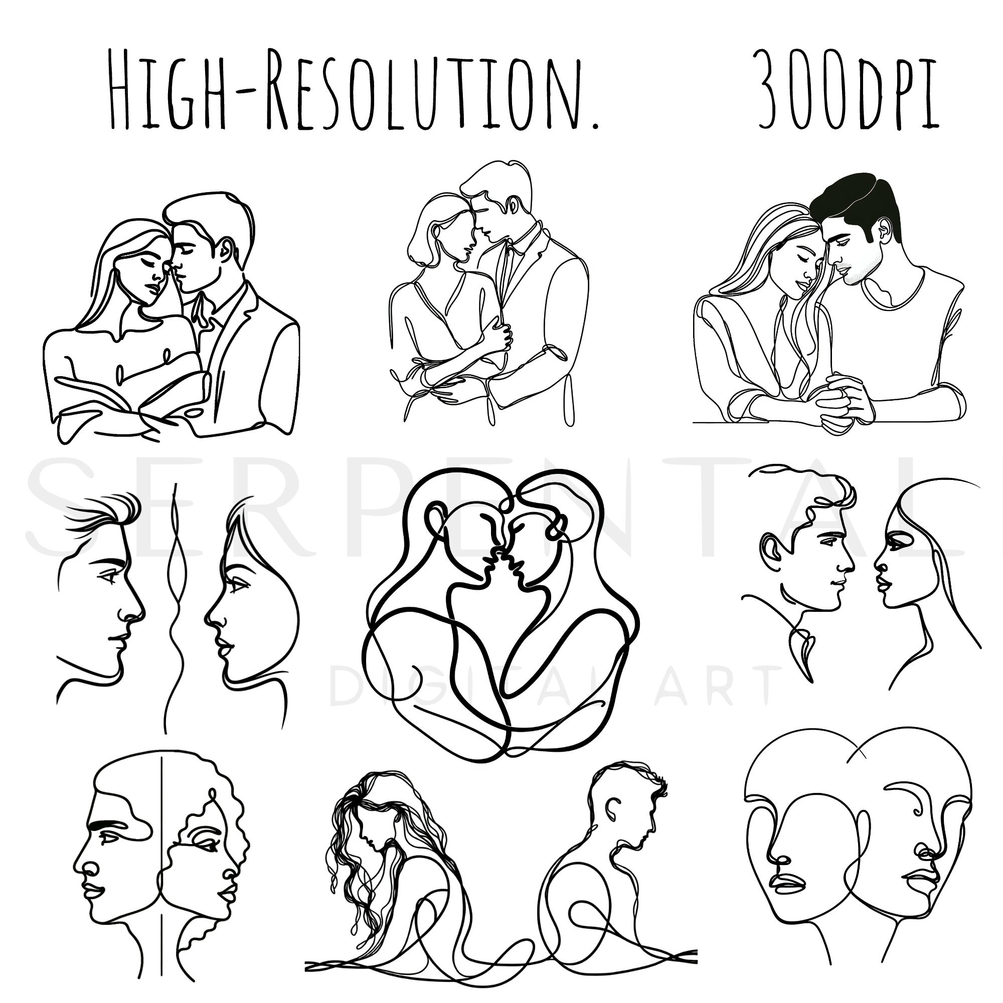 Romantic Couple Line Art Clipart, Heart PNG, Love Illustrations (PDF ...