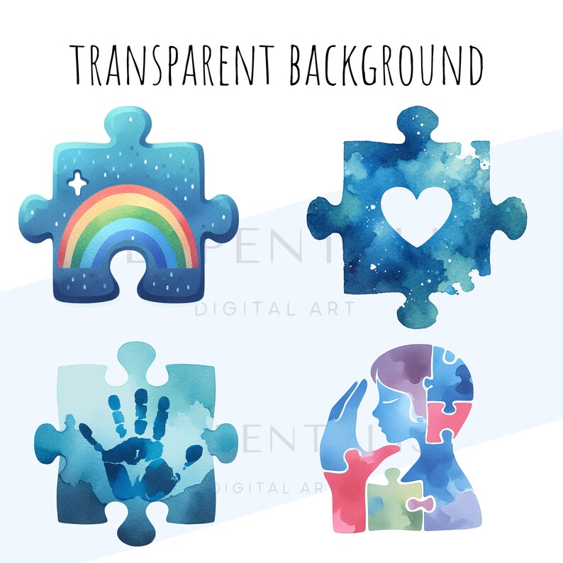 Autism Awareness Watercolor Clipart, Puzzle Pieces, Rainbow (PNG) - Etsy