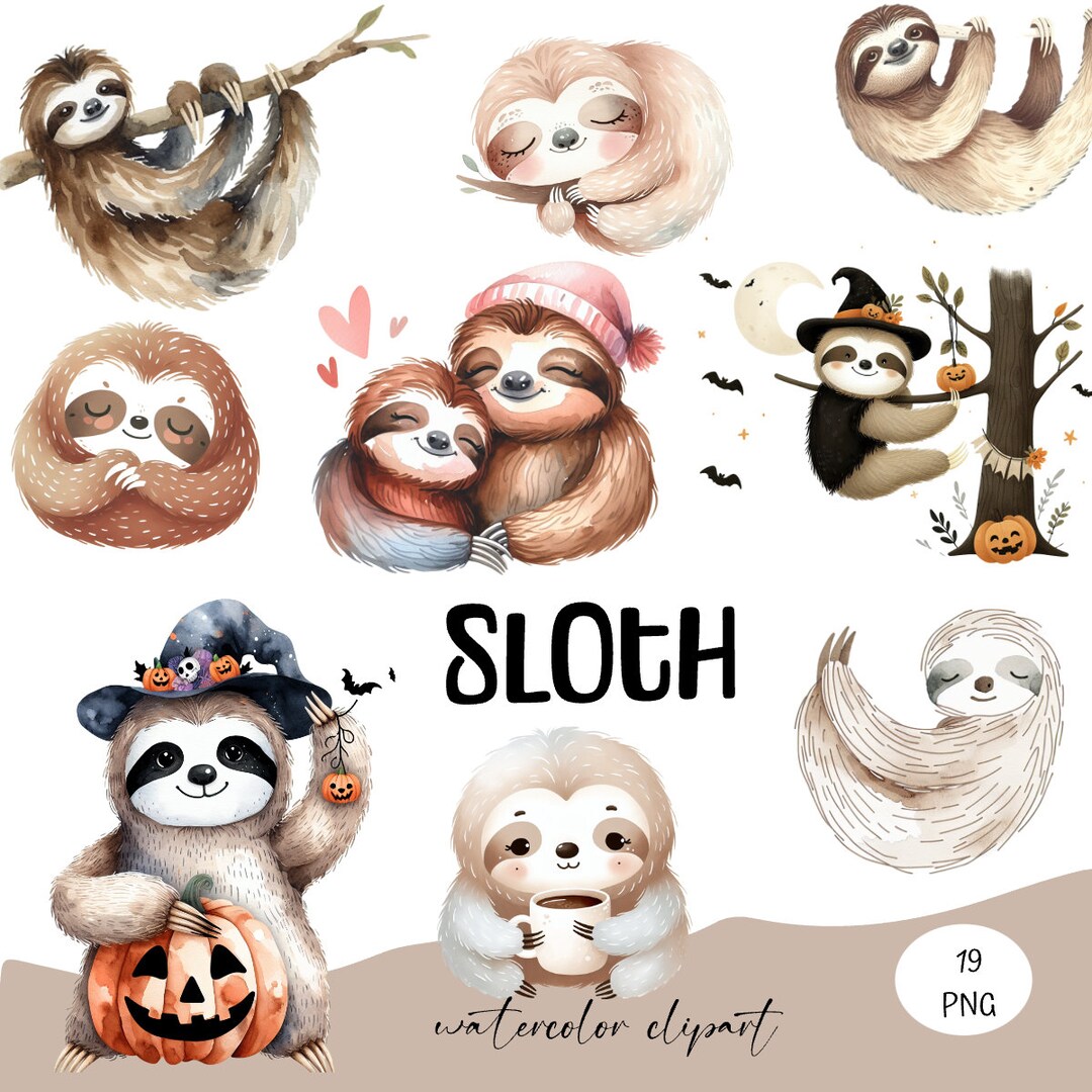 19 Sloth Watercolor Clipart, Cute Sloth PNG, Coffee,sloth in Love ...