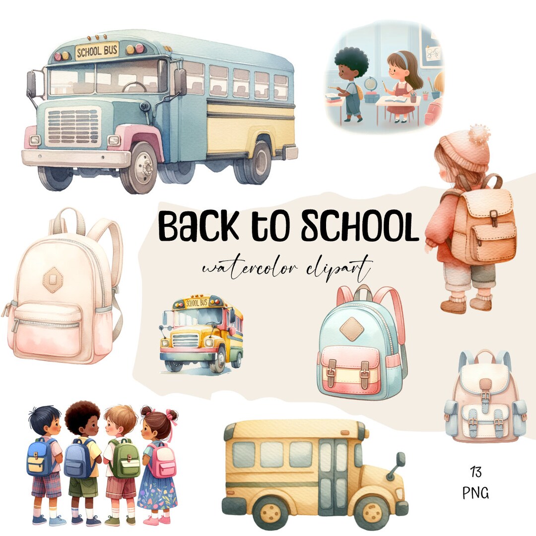 13 Back to School Watercolor Clipart,school Bus PNG, Backpacks ...