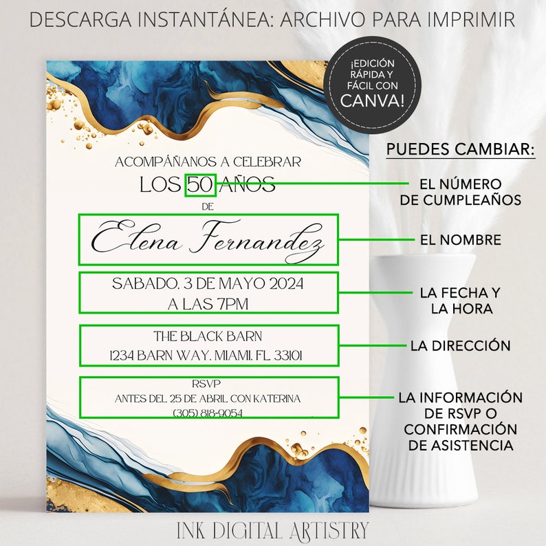 Spanish 50th Birthday Invitation: Blue & Gold Watercolor (digital) - Etsy