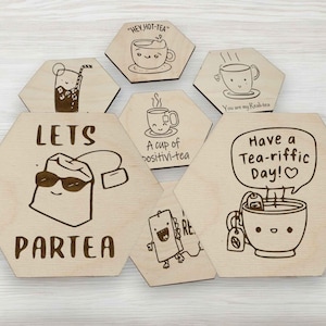 Cute Funny Tea Wood Coaster Set of 12 Pc for Tea Lovers - Kitchen Gift ...