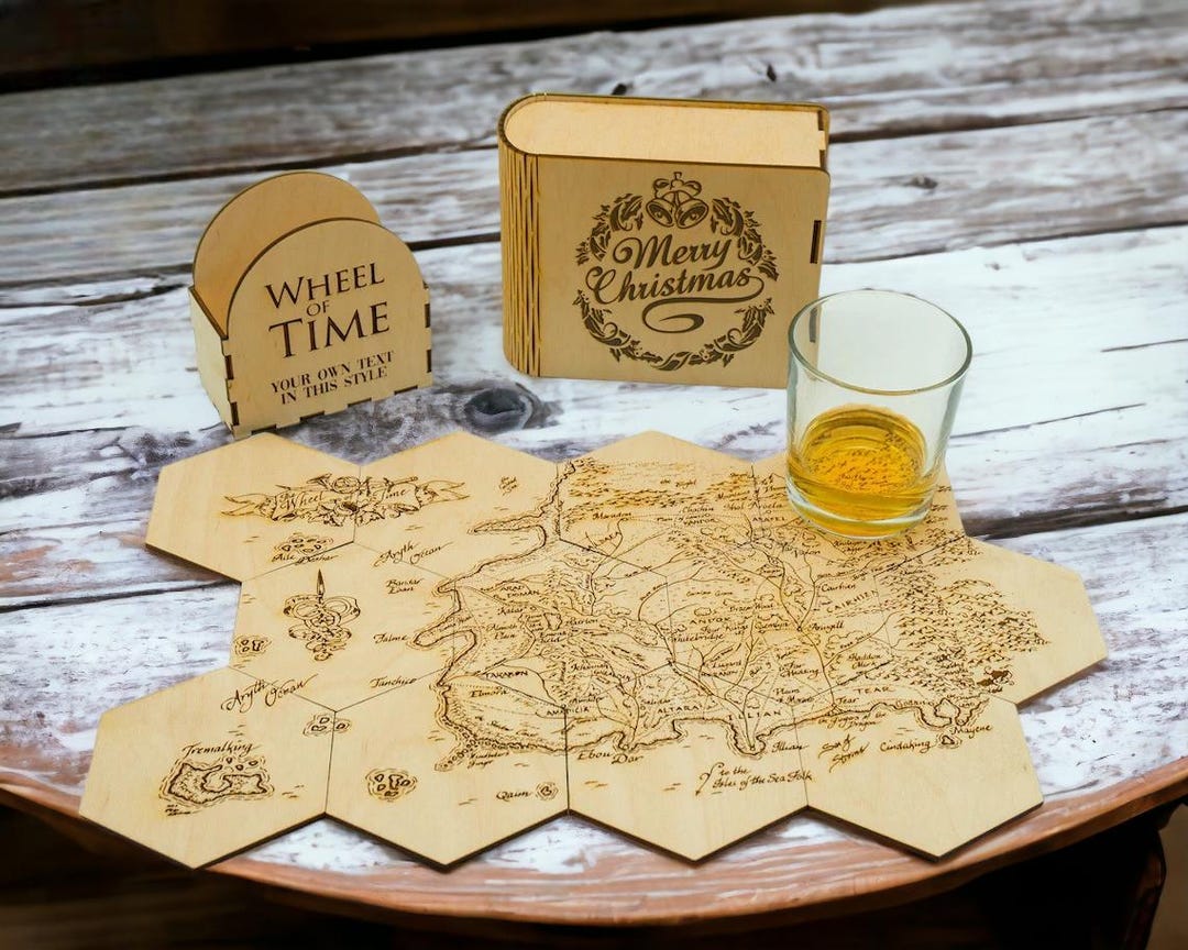 Personalized the Wheel of Time Map Coaster Set Fantasy Wood Engraved ...