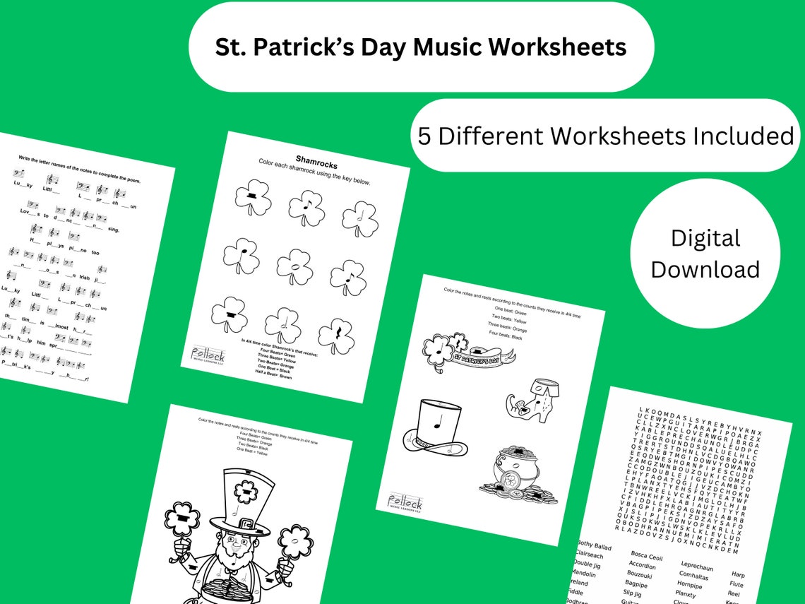 St. Patrick's Day Music Worksheets, Digital Download Printable, Private ...