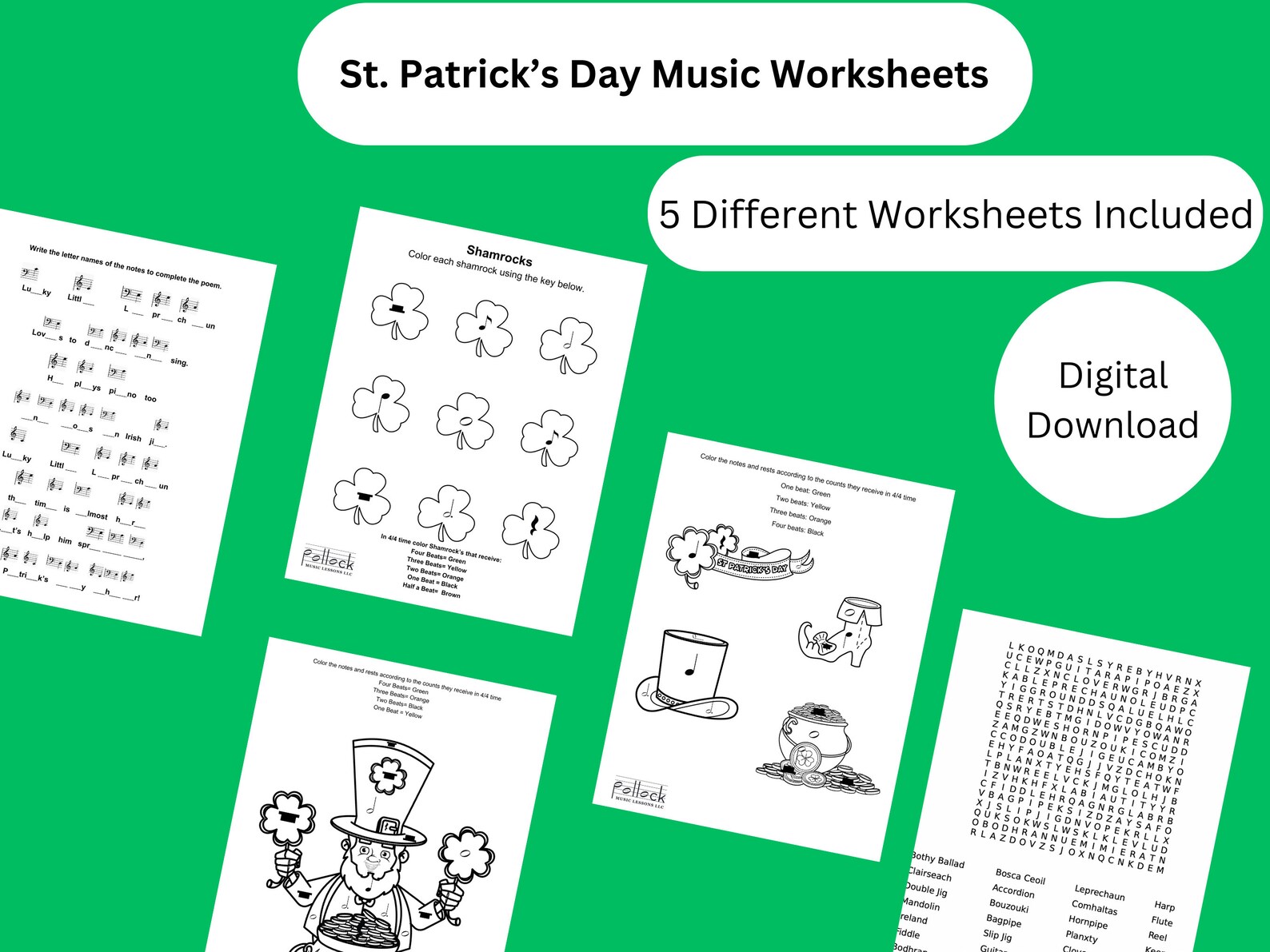 St. Patrick's Day Music Worksheets, Digital Download Printable, Private ...