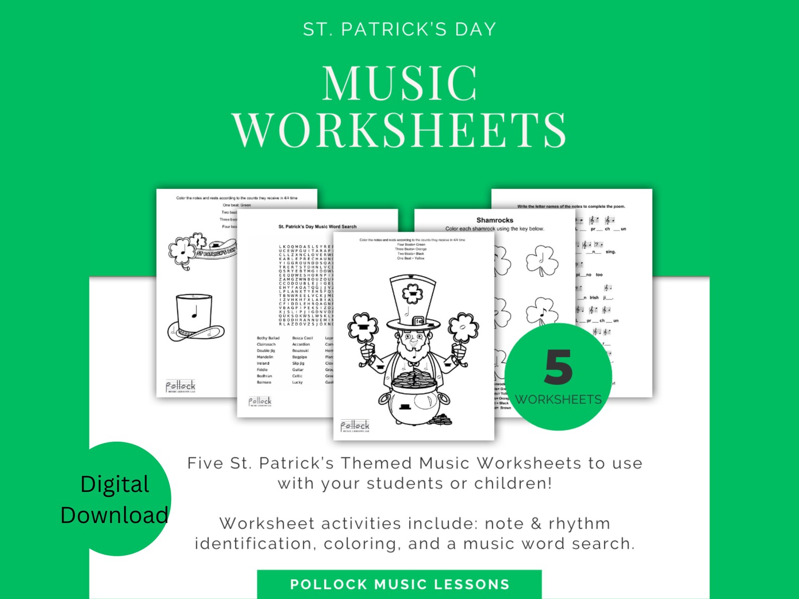 St. Patrick's Day Music Worksheets, Digital Download Printable, Private ...