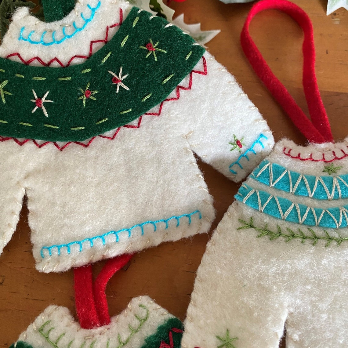 Holiday Ornaments - Winter Sweater - Hand-embroidered - Upcycled Fabric ...