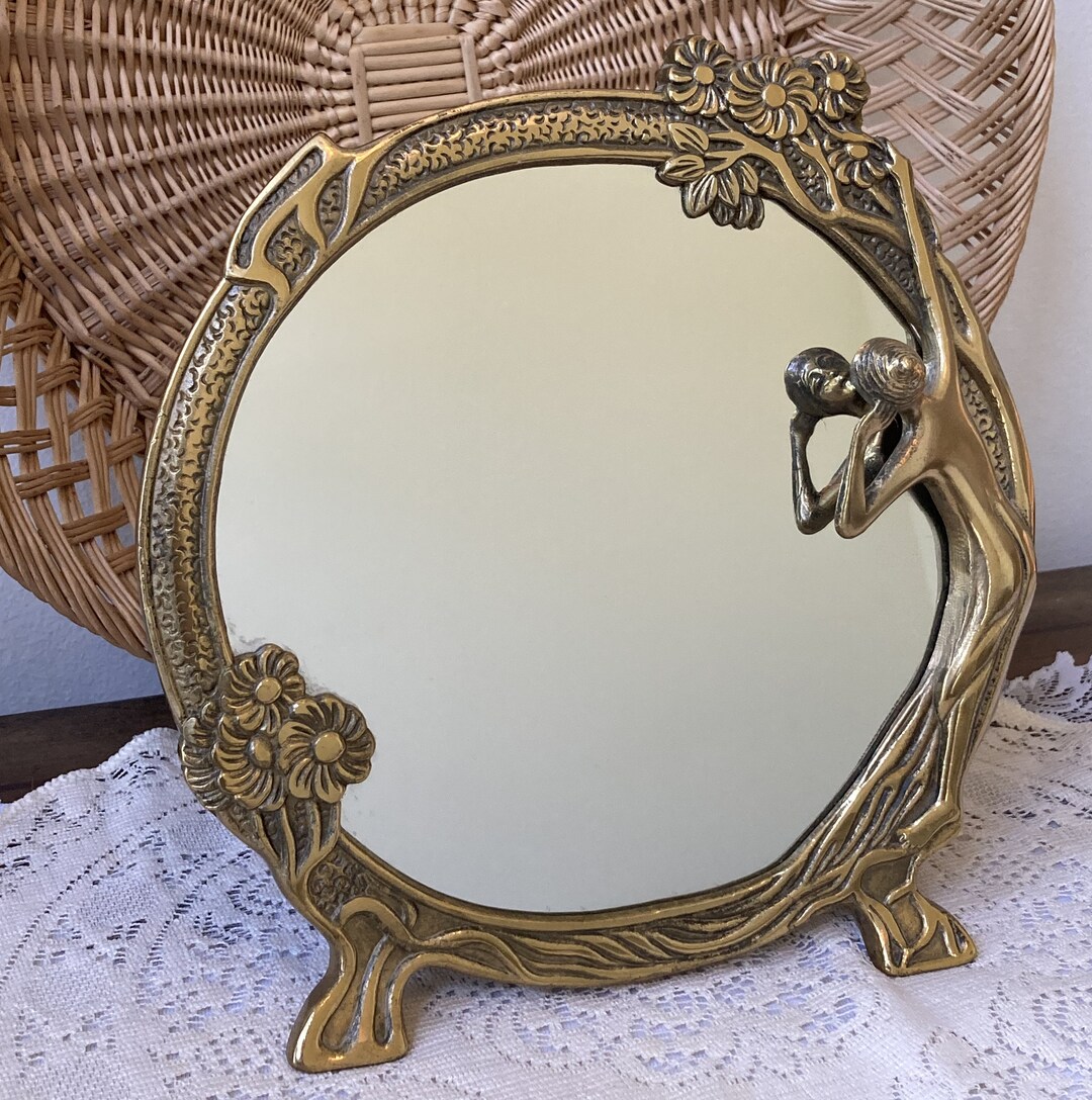 Vintage Art Nouveau Style Round Brass Mirror, Vintage Brass Mirror ...