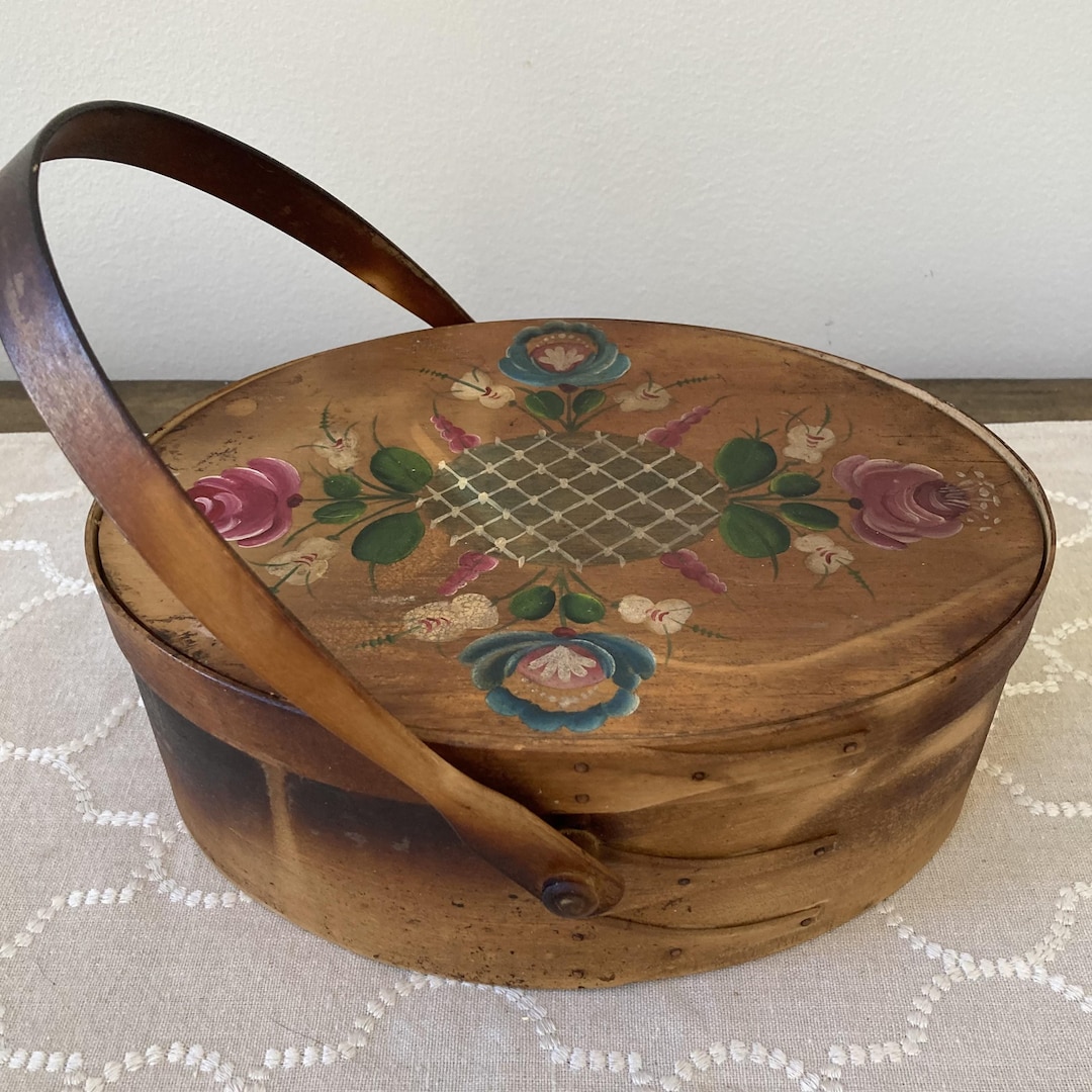 Vintage Hand Painted Wood Pantry Box, Folk Art Painted Box, Shaker Oval ...