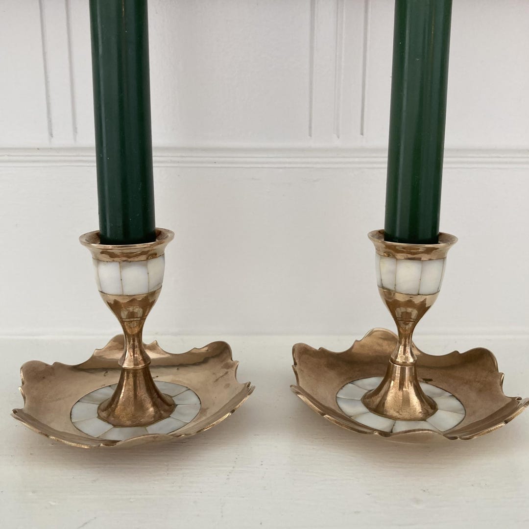 Vintage Brass & Mother of Pearl Candle Holders - Set of 2 - Etsy