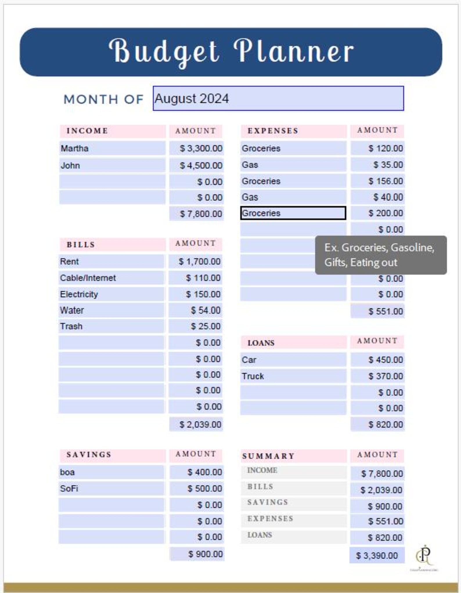 Monthly Budget Planner Fillable & Printable PDF Form - Etsy