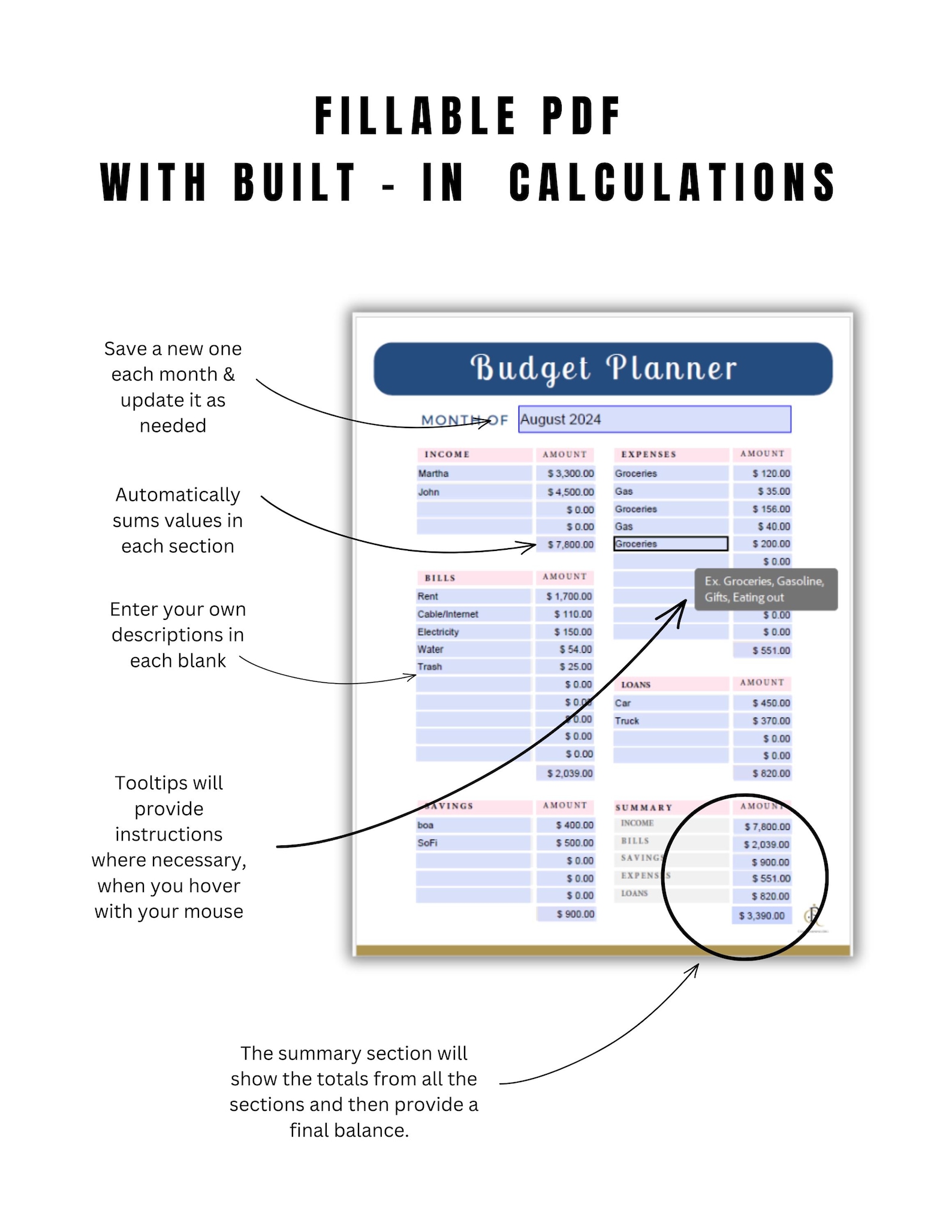 Monthly Budget Planner Fillable & Printable PDF Form - Etsy