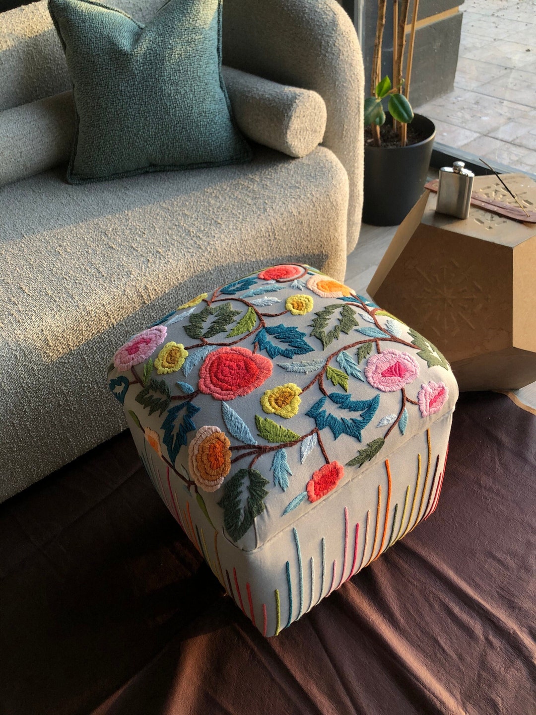 Ottoman Pouf, Footstool, Handmade Embroidered Colorful Decorative Pouf ...