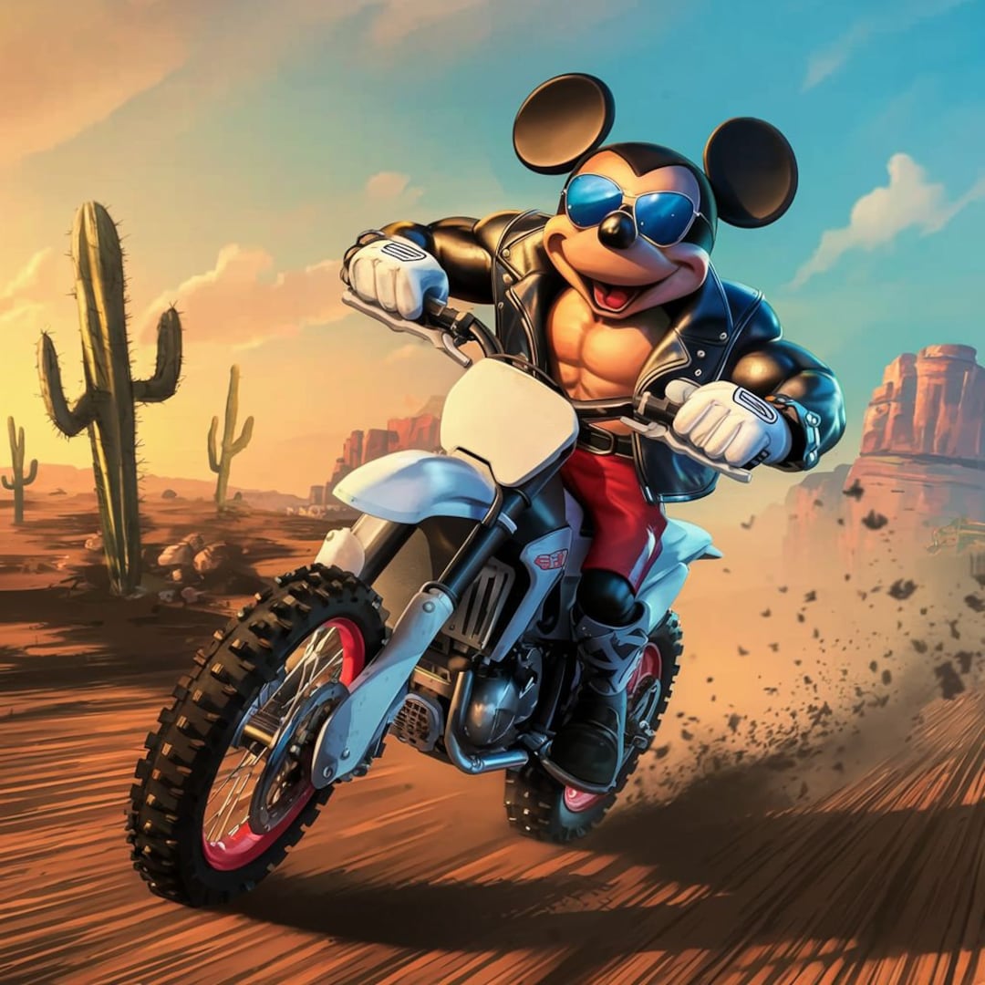 Artwork of a Buff Mickey Mouse Riding a Dirt Bike - Etsy