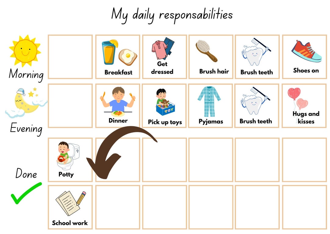 Kids Daily Responsibilities Chart, Printable Daily Routine, Chore Chart ...