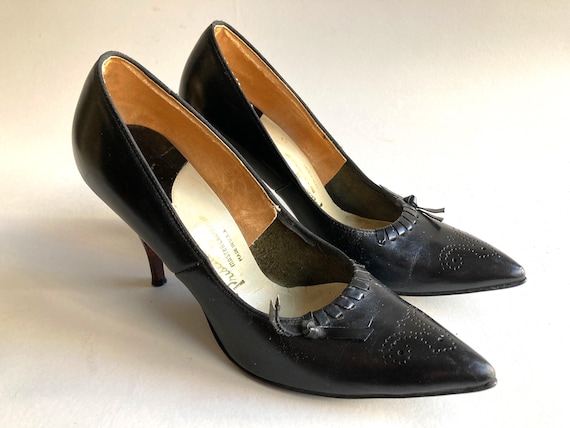 1950's Perky Black Leather Spike Heels - Gem