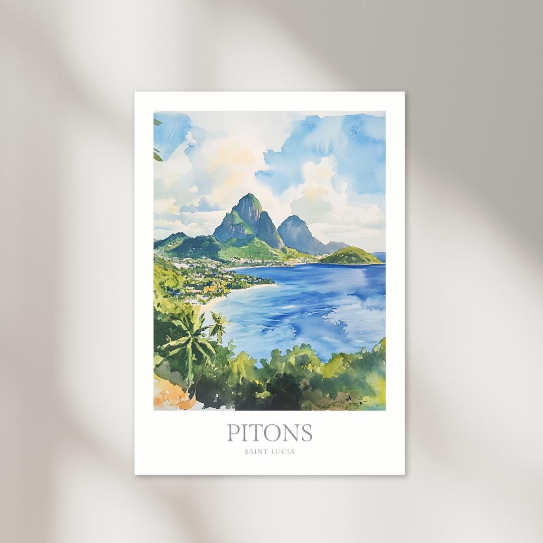 Pitons Saint Lucia Watercolor Poster Digital Download Wall Art Print ...
